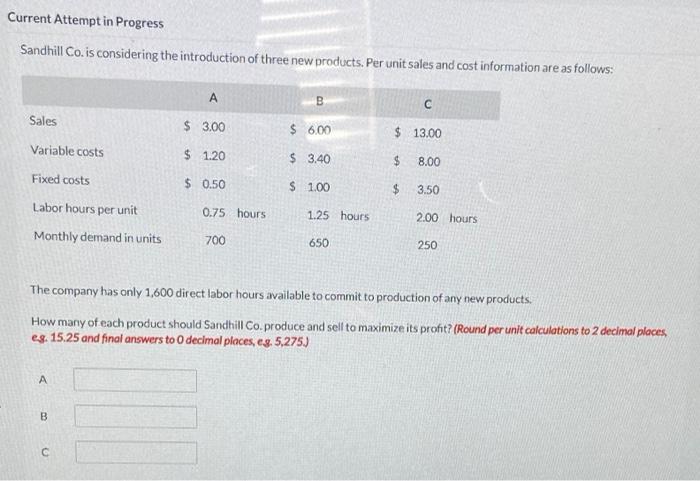 Solved Current Attempt in Progress Sandhill Co. is | Chegg.com