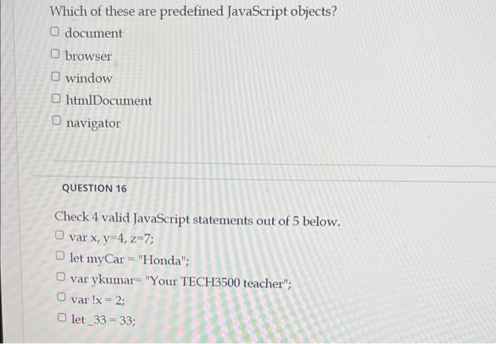 Solved Which of these are predefined JavaScript objects? | Chegg.com