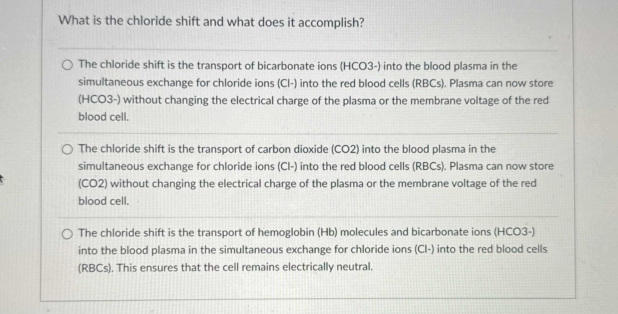 Solved What is the chloride shift and what does it | Chegg.com