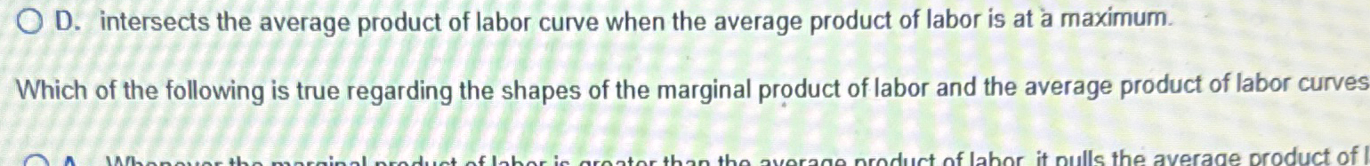 Solved D. ﻿intersects the average product of labor curve | Chegg.com