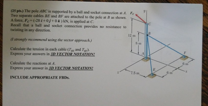 Solved (25 pts.) The pole ABC is supported by a ball and | Chegg.com