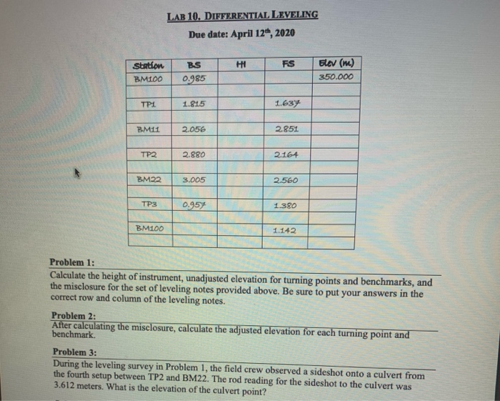 Solved LAB 10. DIFFERENTIAL LEVELING Due date: April 12th, | Chegg.com