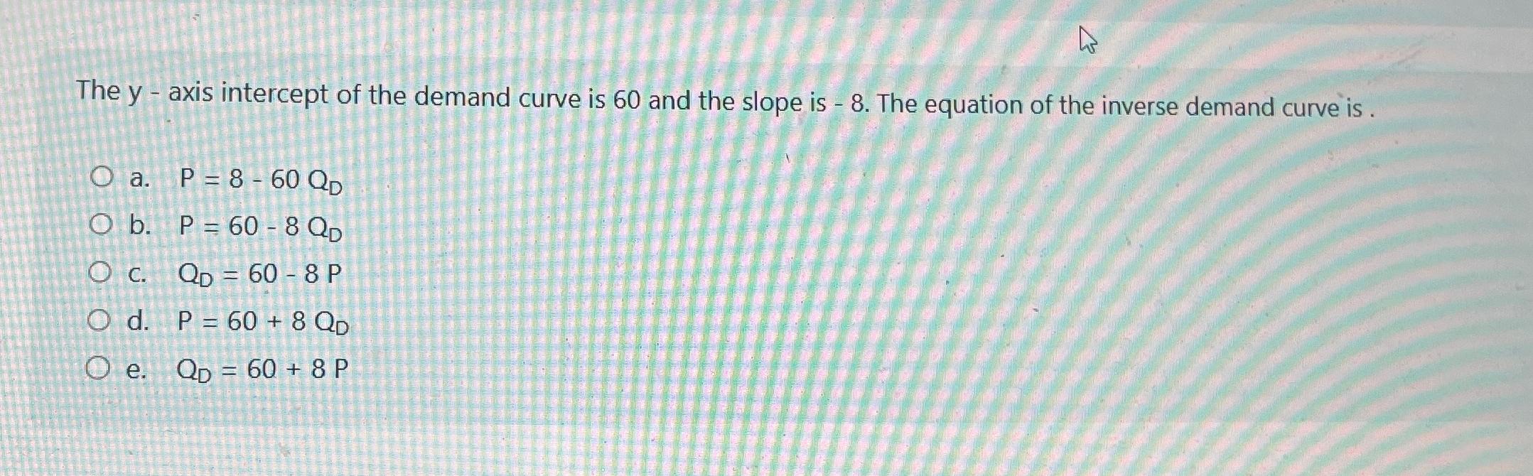 Solved The y - ﻿axis intercept of the demand curve is 60 | Chegg.com