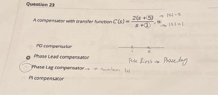 Solved Question 23 A compensator with transfer function C(s) | Chegg.com