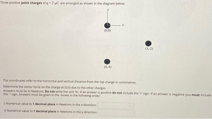 Solved Three positive point charges of q-2 C are arranged as | Chegg.com
