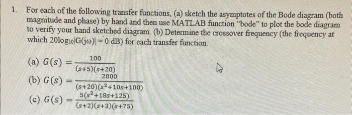 Solved 1. For each of the following transfer functions, (a) | Chegg.com