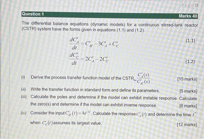 Solved Question 1 Marks 40 The differential balance | Chegg.com