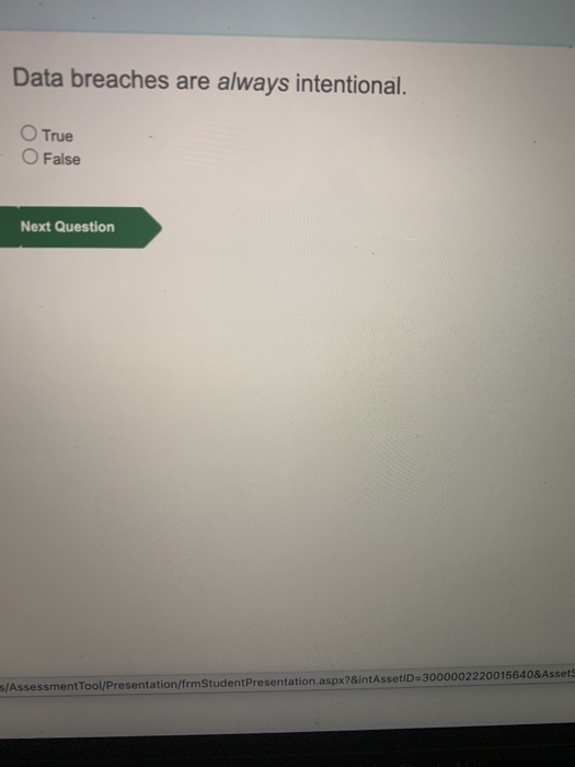 Solved Data breaches are always intentional. O True O False | Chegg.com