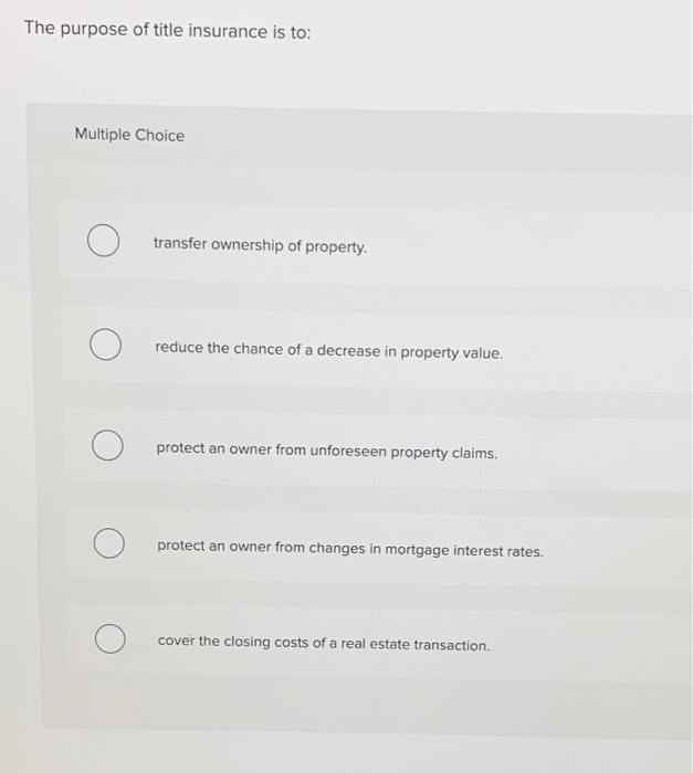 Solved The purpose of title insurance is to: Multiple Choice | Chegg.com