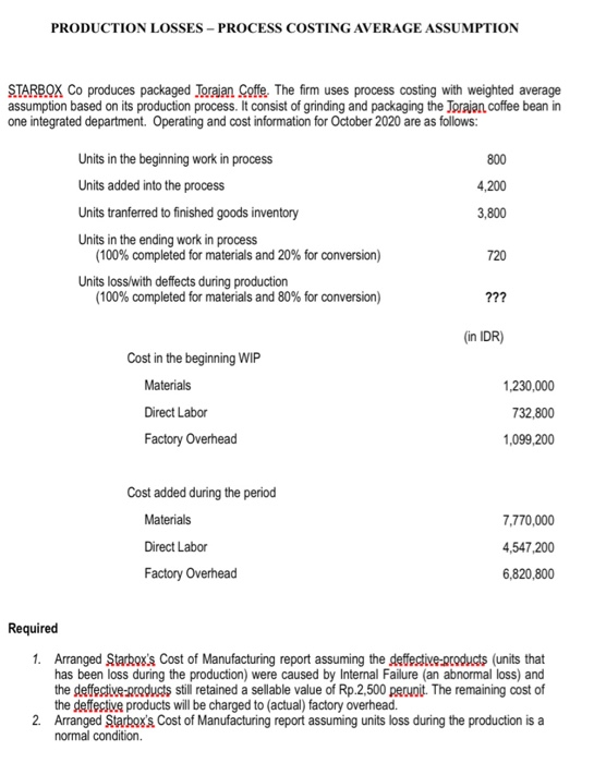 Solved PRODUCTION LOSSES - PROCESS COSTING AVERAGE | Chegg.com