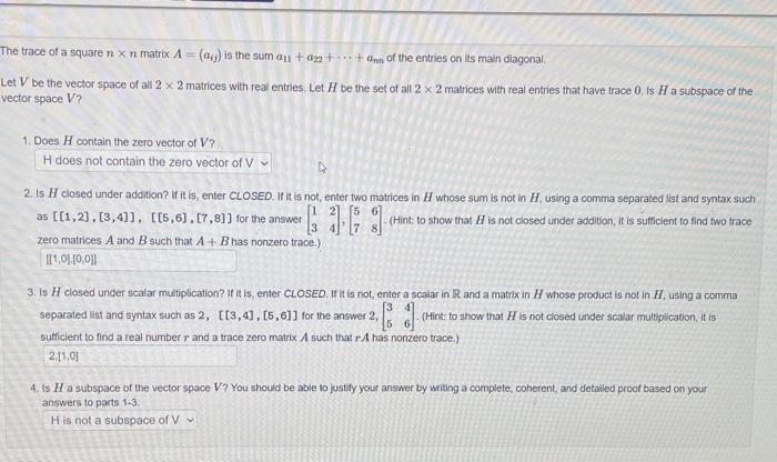 Solved he trace of a square n×n matrix A=(aij) is the sum | Chegg.com