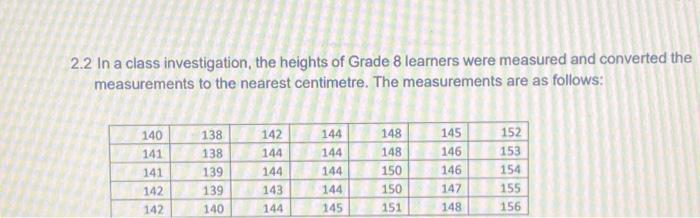 Solved 2.2 In a class investigation, the heights of Grade 8 | Chegg.com