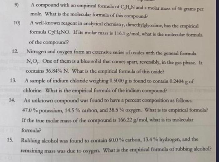 Solved 9) A compound with an empirical formula of C2H3 N and | Chegg.com