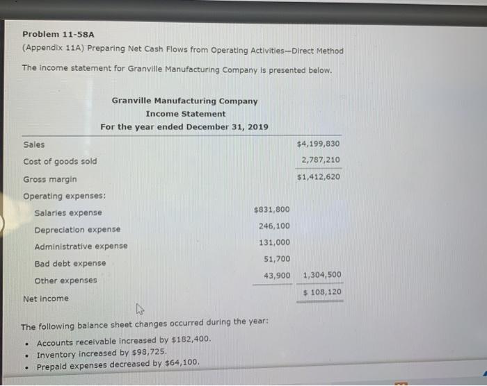 Solved Problem 11-58A (Appendix 11A) Preparing Net Cash | Chegg.com