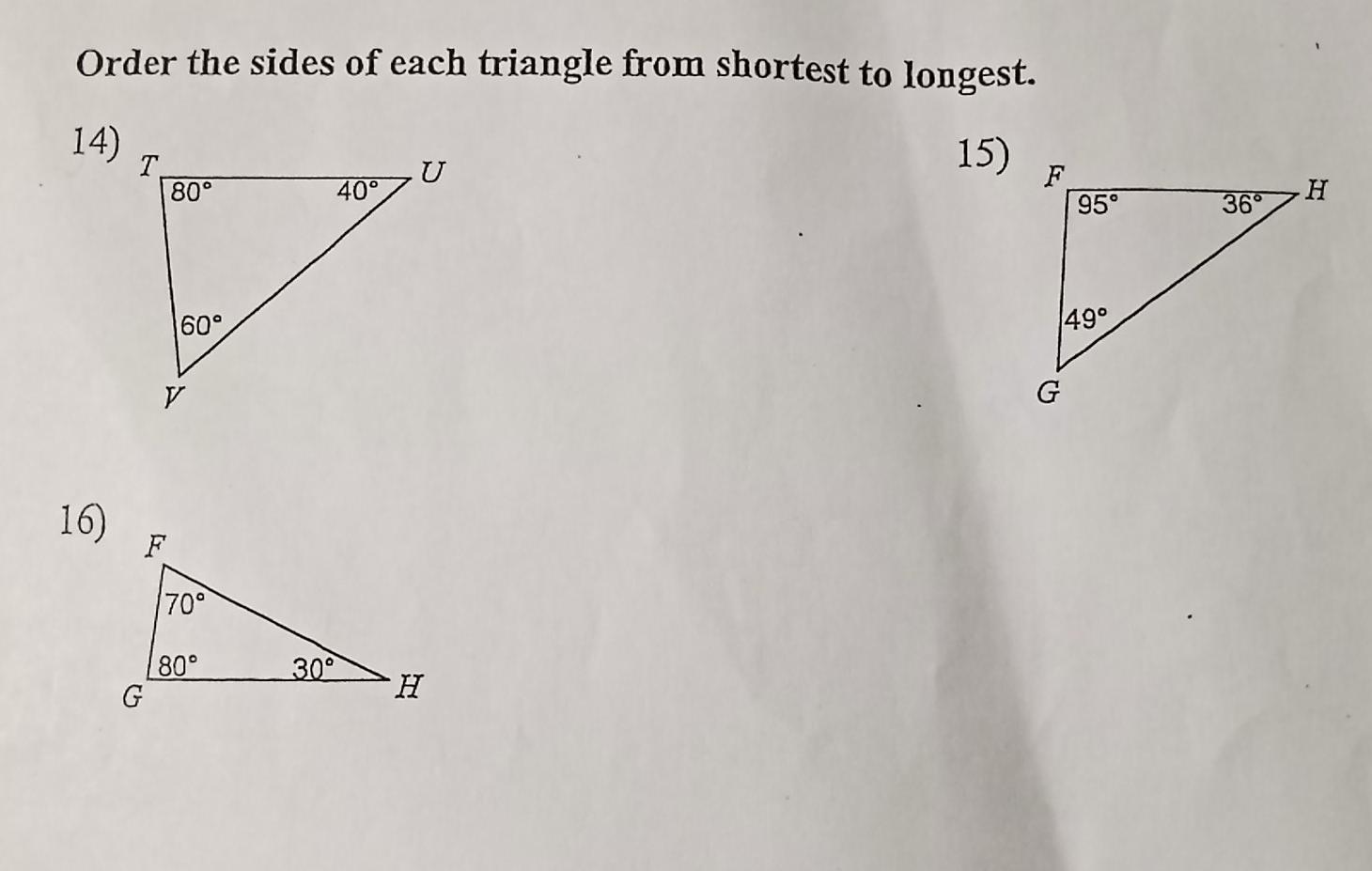 Solved Order the sides of each triangle from shortest to | Chegg.com