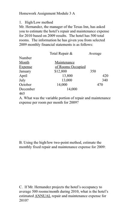 Solved Homework Assignment Module 3 A 1 High Low Method Mr
