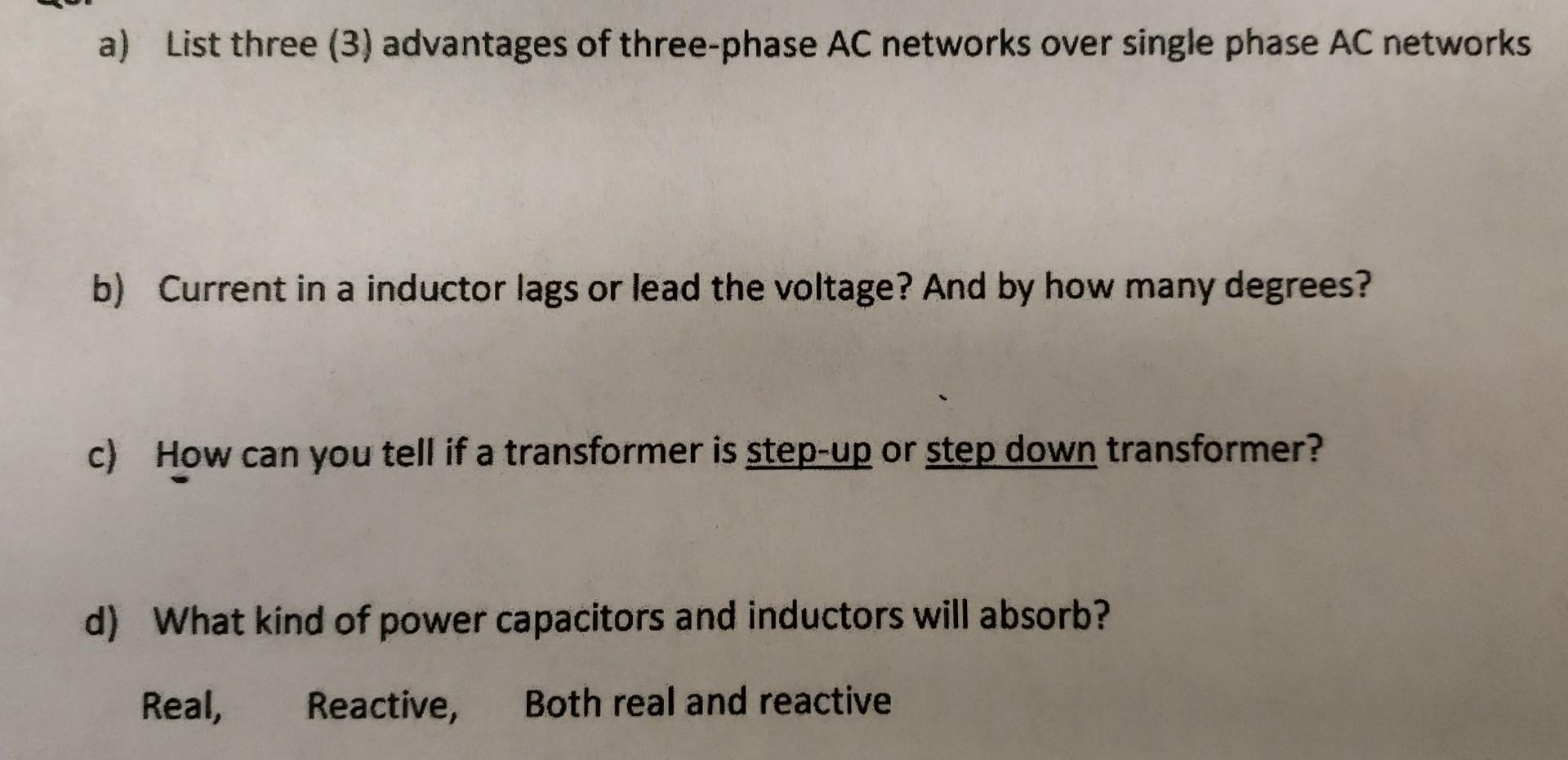 Solved a) List three (3) advantages of three-phase AC | Chegg.com
