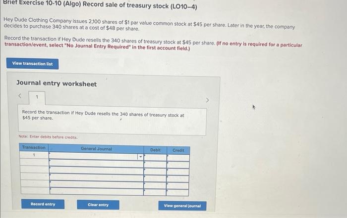 Solved Srief Exercise 10-10 (Algo) Record sale of treasury | Chegg.com