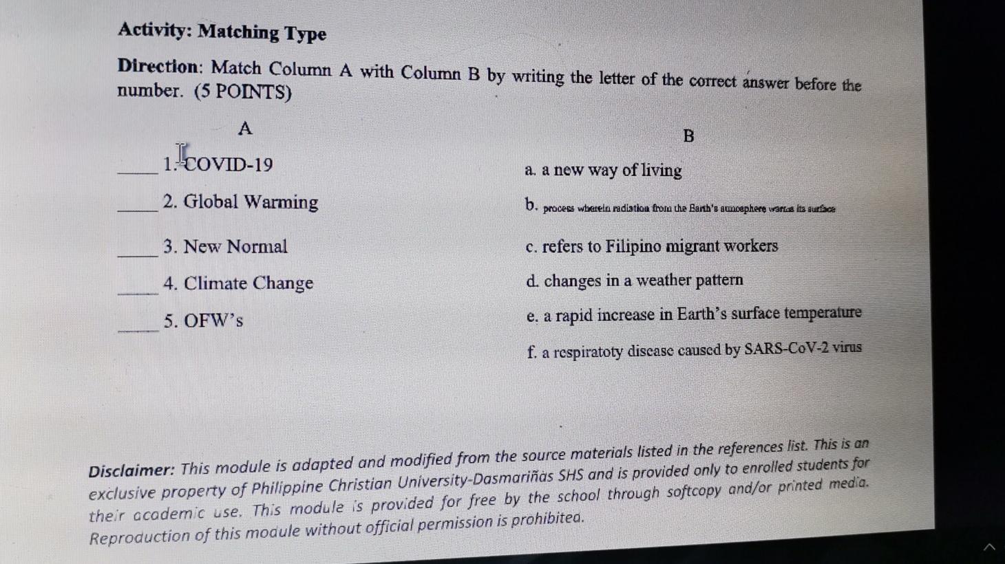 Solved Activity Matching Type Direction Match Column A Chegg