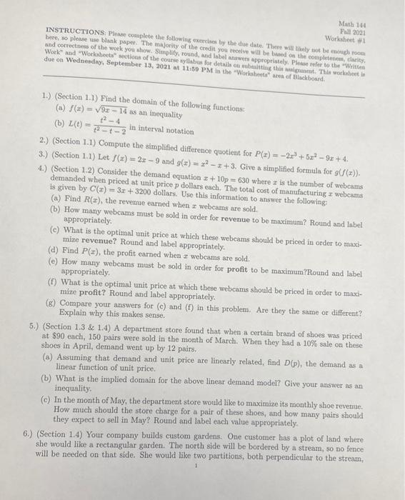 Solved Math 144 l 2021 Worksheet INSTRUCTIONS. Pe complete | Chegg.com