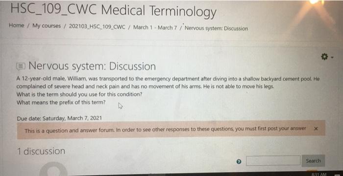 Solved HSC_109_CWC Medical Terminology Home / My courses / | Chegg.com