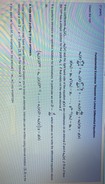 Solved (1 point) Fundamental Existence Theorem for Linear | Chegg.com