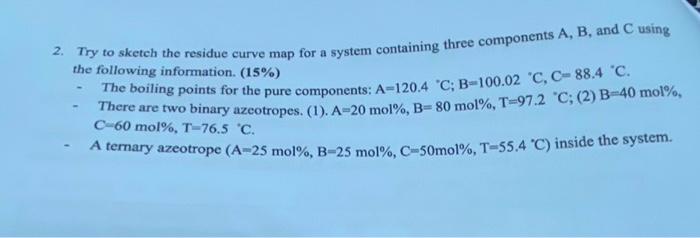 Solved 2. Try to sketeh the residue curve map for a system | Chegg.com