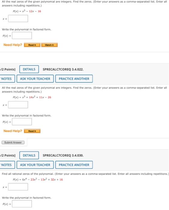 Solved P(x)=x3−12x−16 x= Write the polynomial in factored | Chegg.com