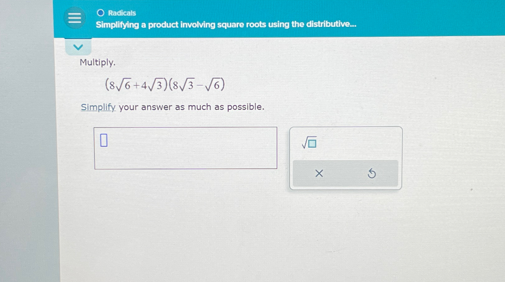 Solved RadicalsSimplifying a product involving square roots | Chegg.com