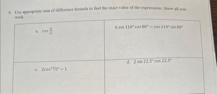 Solved 9. Use appropriate sum of difference formula to find | Chegg.com
