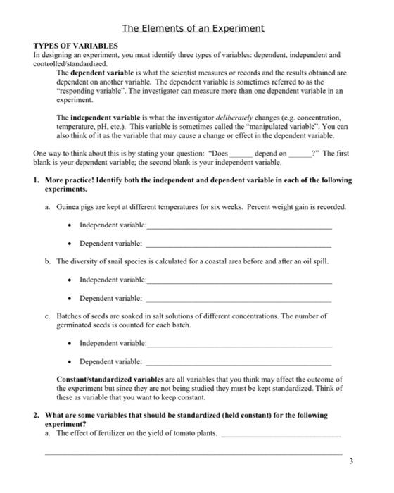 Solved The Elements of an Experiment TYPES OF VARIABLES In | Chegg.com