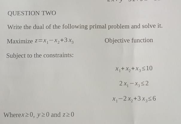 Solved QUESTION TWOWrite the dual of the following primal | Chegg.com