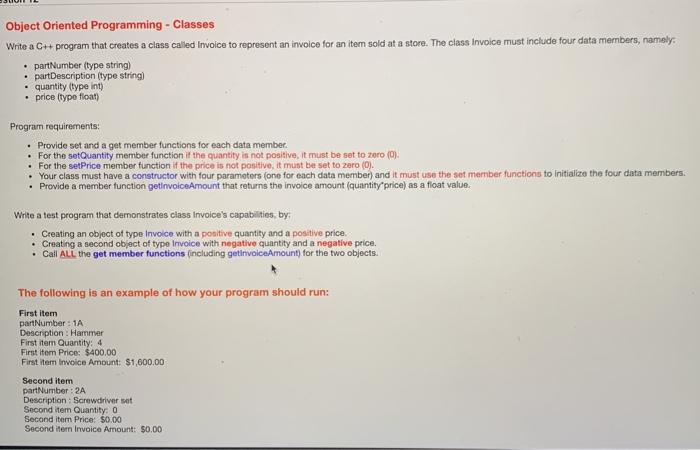 Solved Object Oriented Programming - Classes Write a C++ | Chegg.com