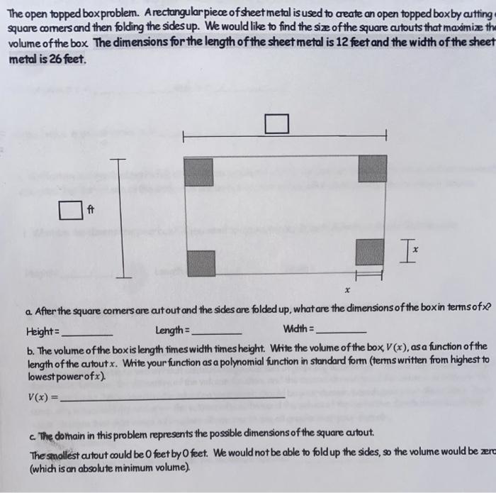 Solved The open topped box problem. A rectangular piece of | Chegg.com