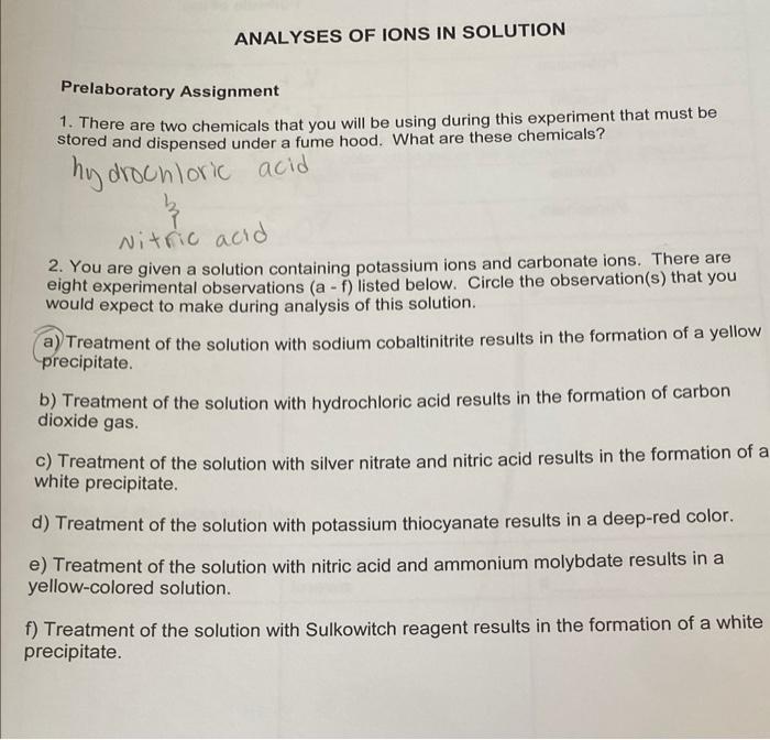 Solved ANALYSES OF IONS IN SOLUTION Prelaboratory Assignment | Chegg.com
