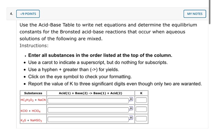 Solved -19 POINTS MY NOTES Use the Acid-Base Table to write | Chegg.com