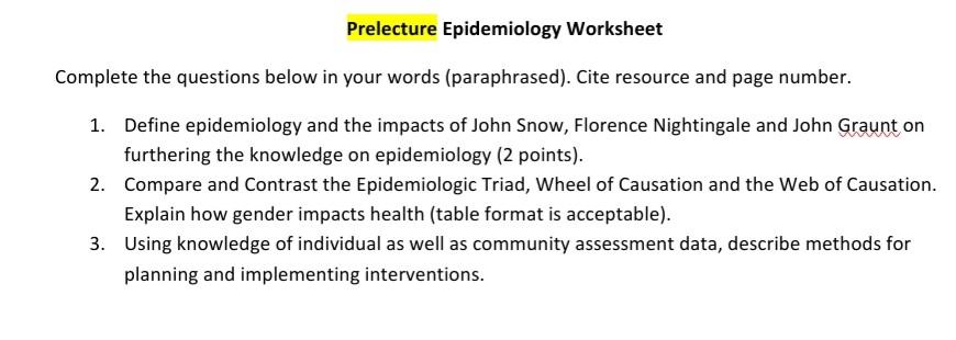 Solved Prelecture Epidemiology Worksheet Complete the | Chegg.com