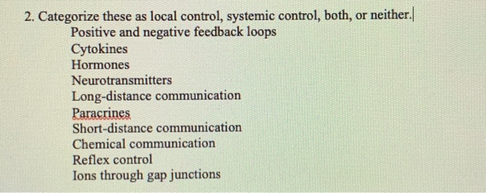 Solved 2. Categorize these as local control, systemic | Chegg.com