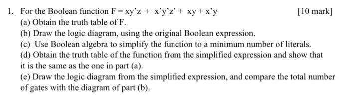 Solved 1. For the Boolean function F = xy'z + x'y'z' + xy + | Chegg.com