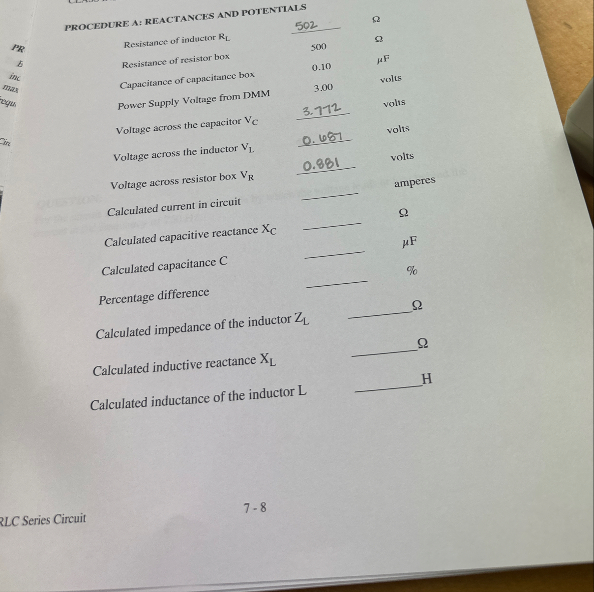 PROCEDURE A: REACTANCES AND POTENTIALS2LC Series | Chegg.com
