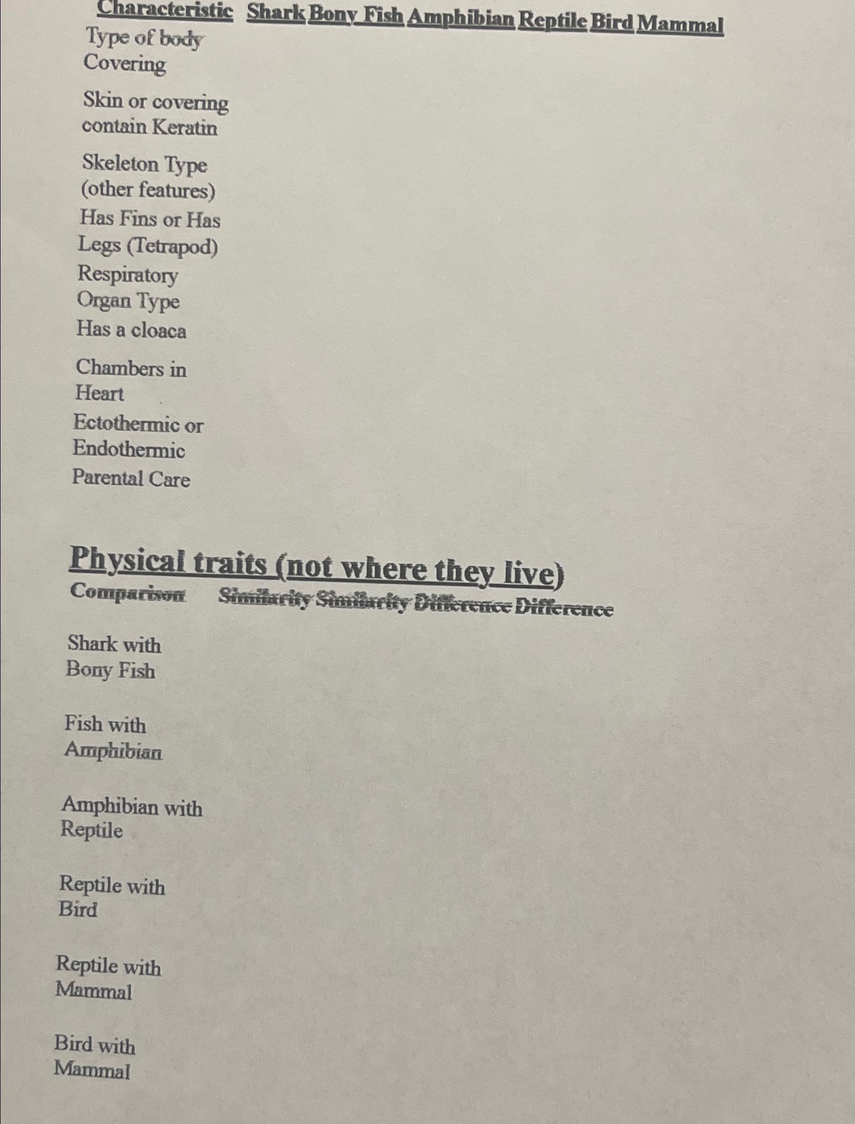 Characteristic Shark Bony Fish Amphibian Reptile Bird | Chegg.com