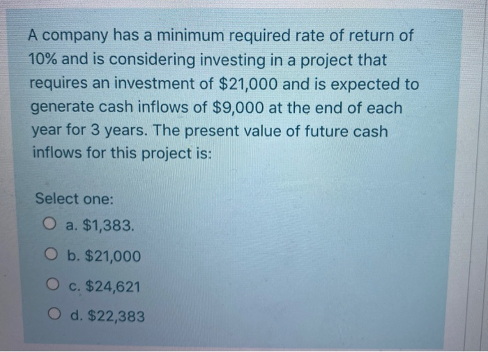 Solved A company has a minimum required rate of return of | Chegg.com