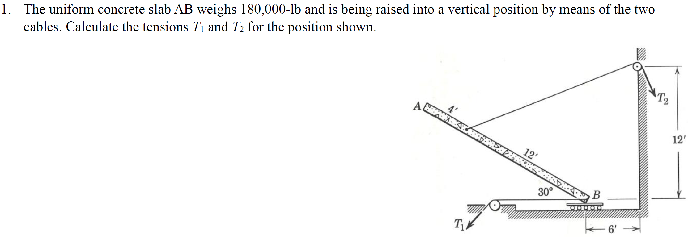 Solved The uniform concrete slab AB ﻿weighs 180,000-lb ﻿and | Chegg.com