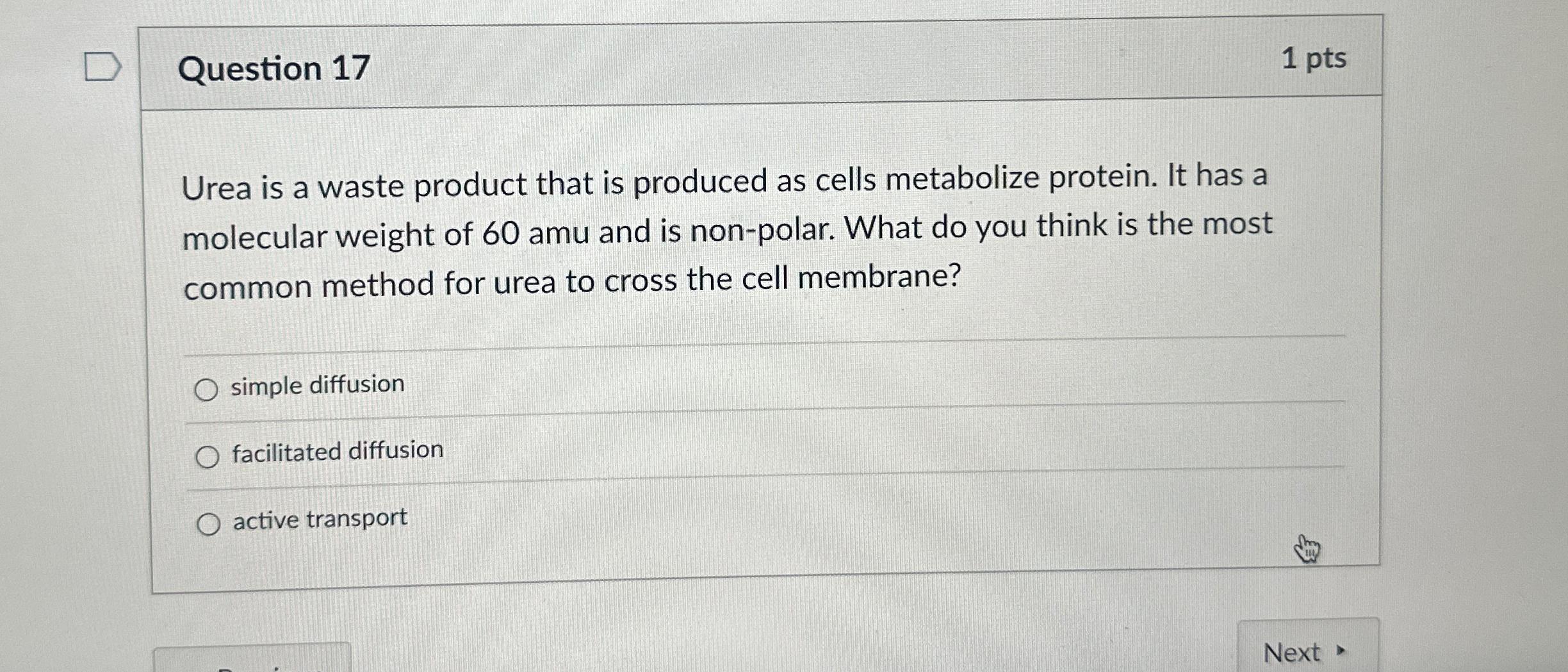 Solved Question 17Urea is a waste product that is produced | Chegg.com