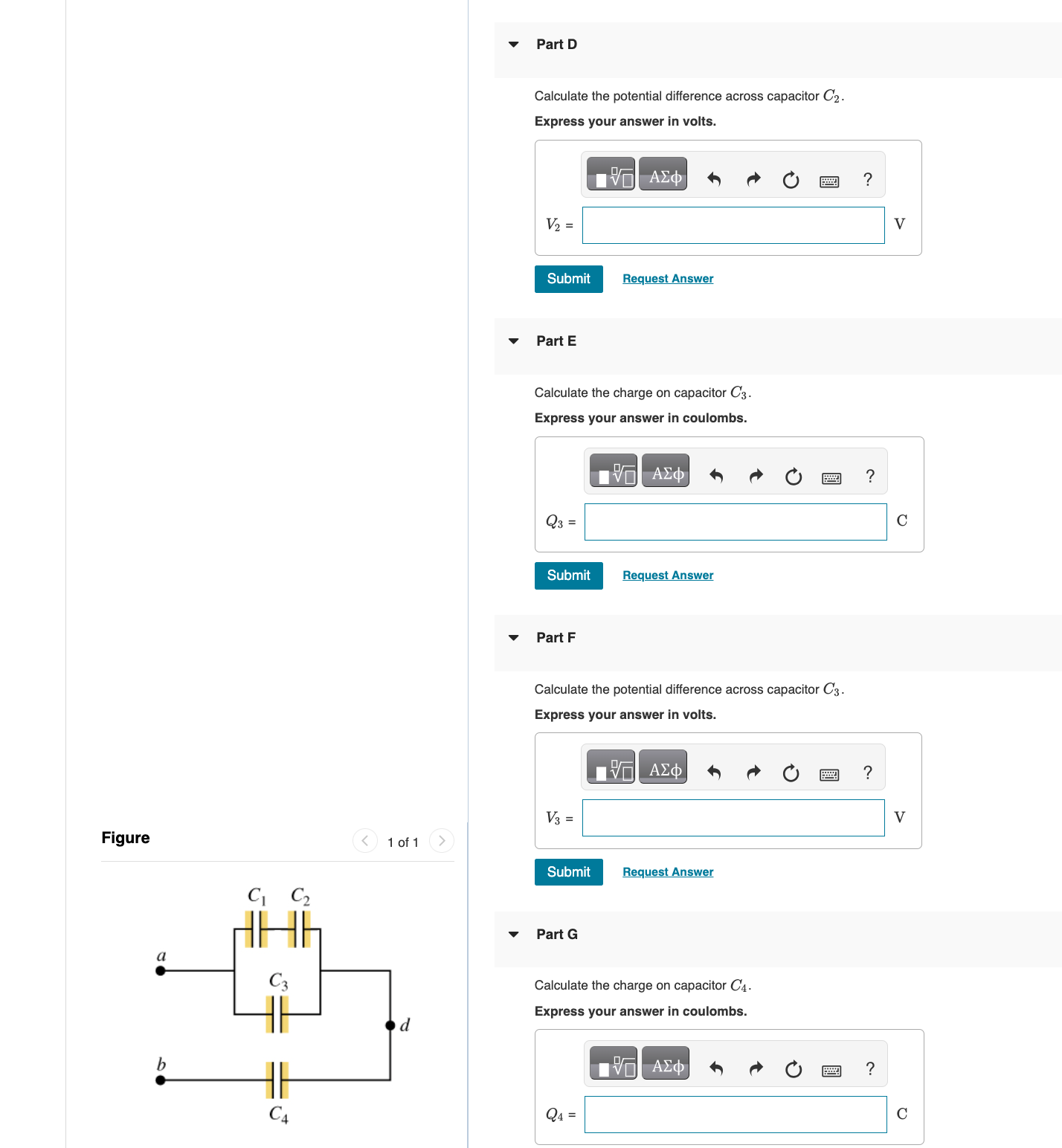 Solved ln (Figure 1), ﻿each capacitor has C= 5.00 \mu F ﻿and | Chegg.com