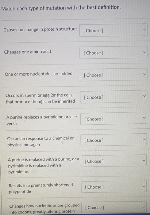 Solved Match each type of mutation with the best definition. | Chegg.com