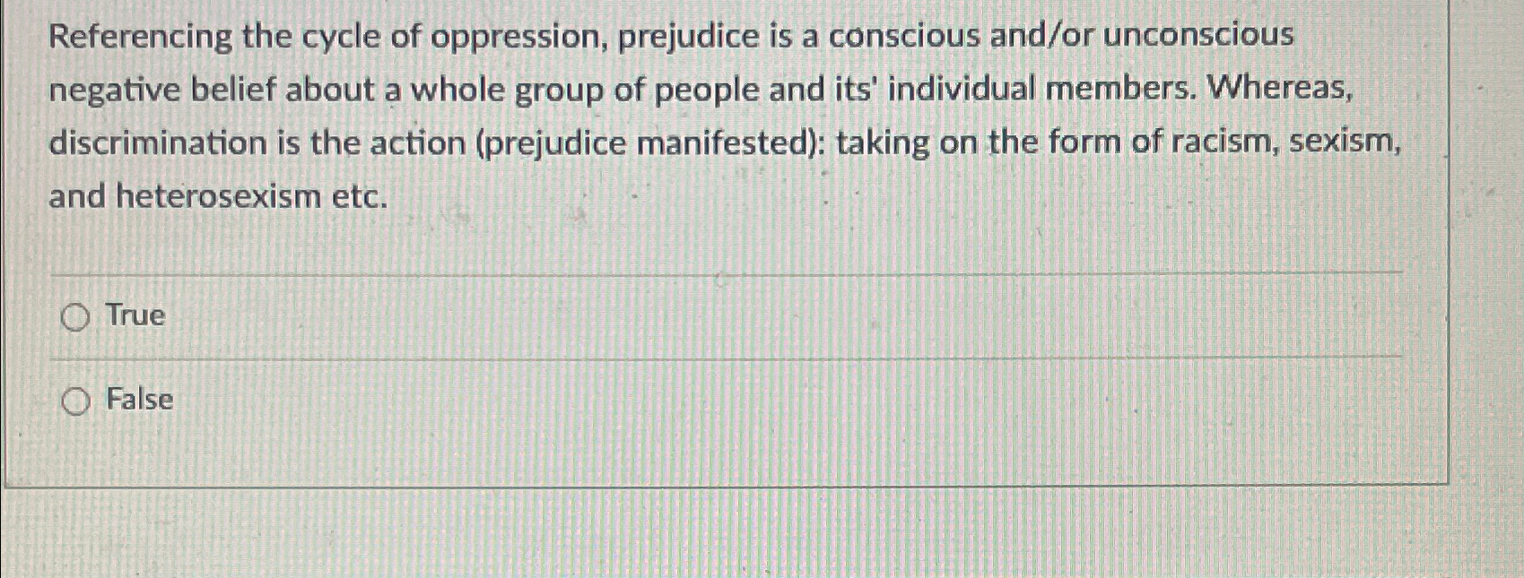 Solved Referencing the cycle of oppression, prejudice is a | Chegg.com