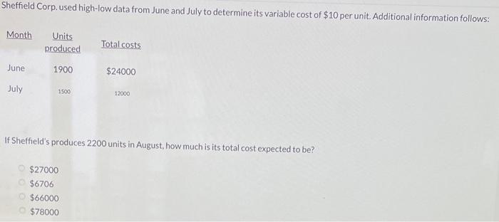 Solved Sheffield Corp. used high-low data from June and July | Chegg.com