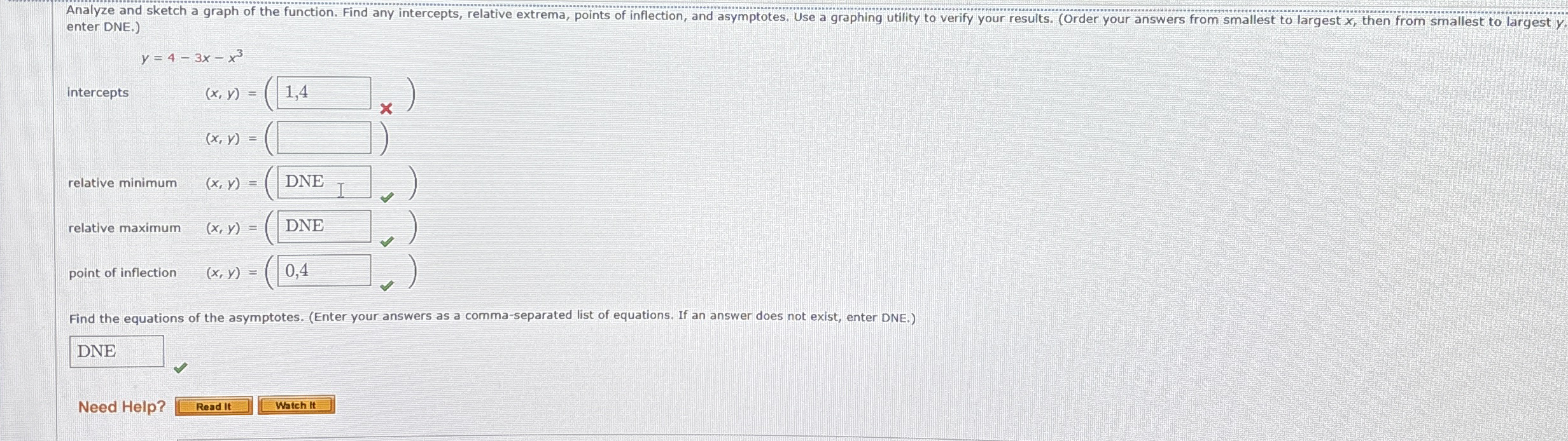 Solved enter DNE.)y=4-3x-x3interceptsrelative minimum | Chegg.com