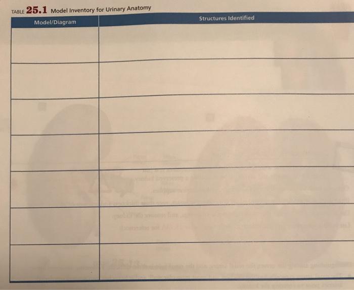 Solved TABLE 25.1 Model Inventory for Urinary Anatomy | Chegg.com